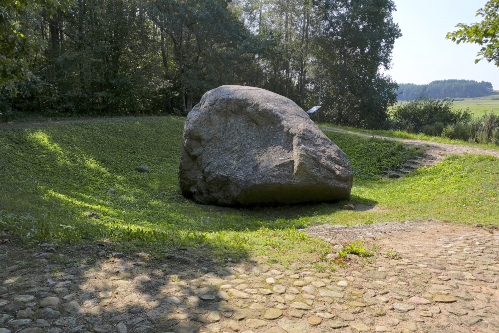 Cup-marked stones site in the forest with a path and an information ...