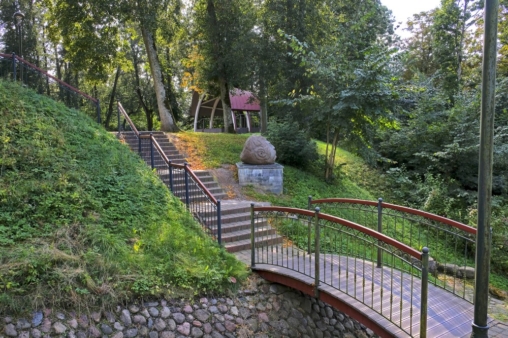 Stairway path with sculpture and wide green valley in Salantai City ...