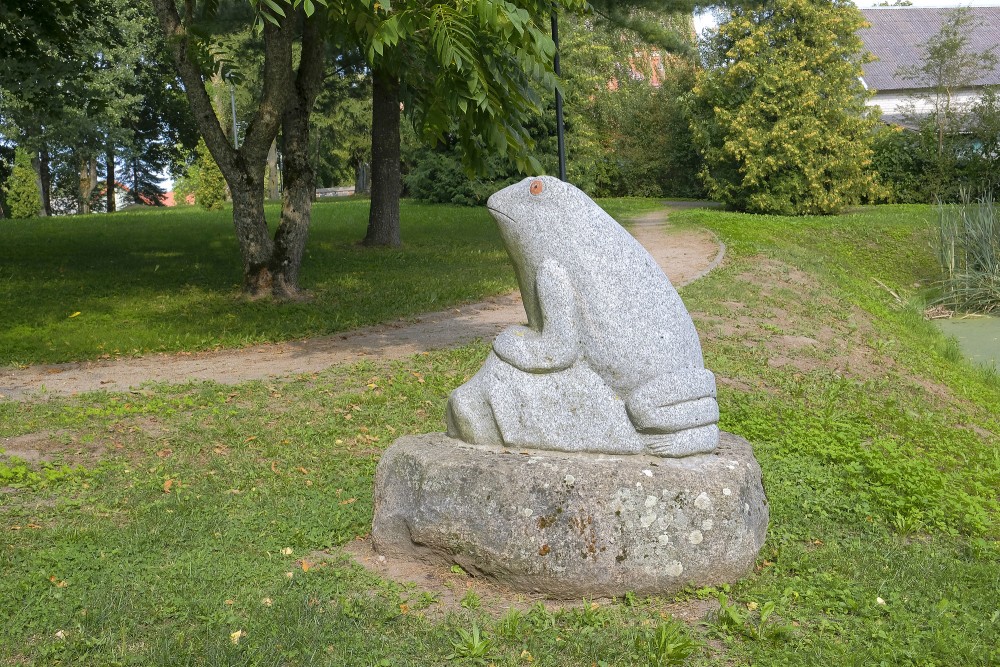 Sculpture “Bear” in Salanti on a Stone Base in a Green Lawn Area ...